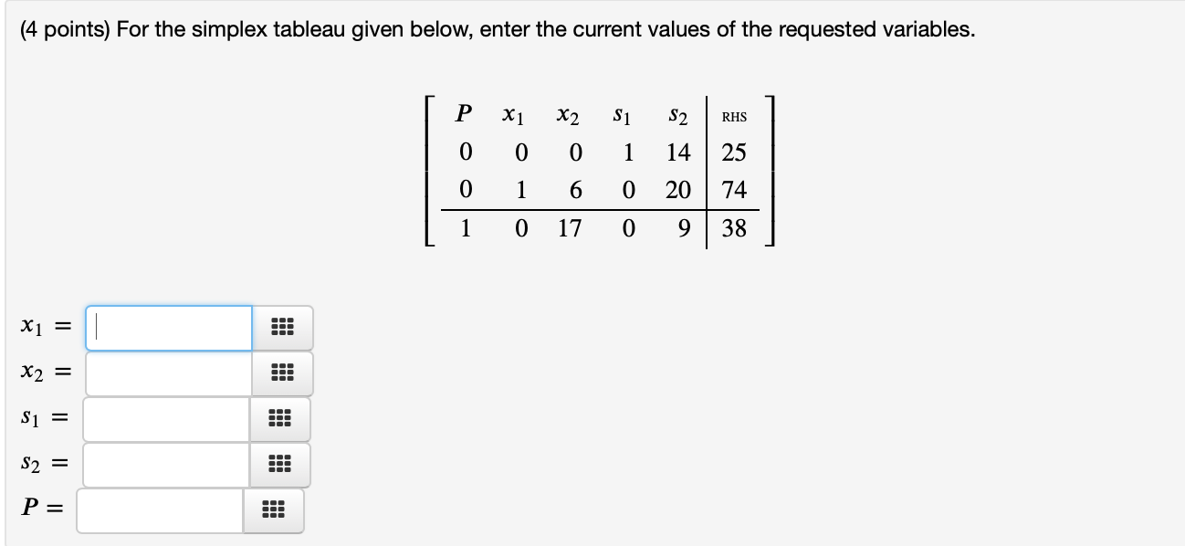 Solved (4 points) For the simplex tableau given below, enter | Chegg.com