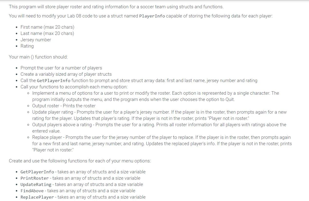 Solved This program will store player roster and rating | Chegg.com