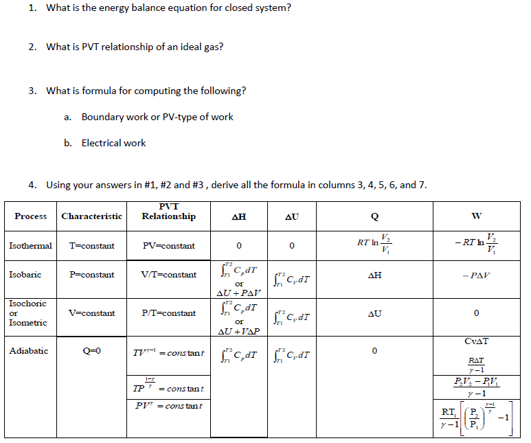 Solved 1. What is the energy balance equation for closed | Chegg.com
