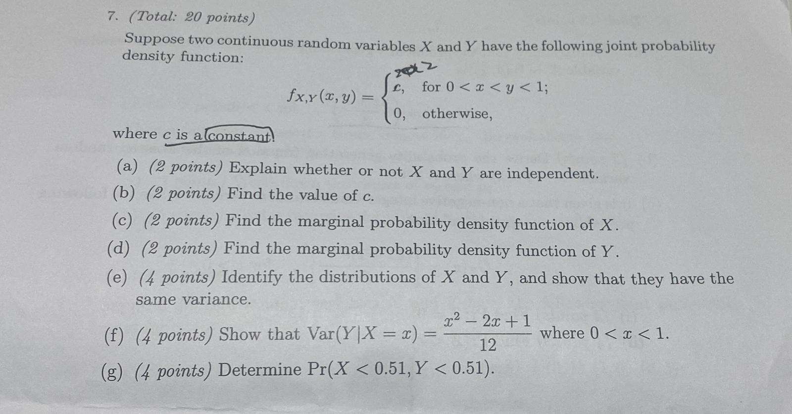 Solved 7. (Total: 20 points) Suppose two continuous random | Chegg.com