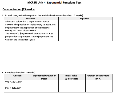 Solved MCR3U Unit 4: Exponential Functions Test | Chegg.com