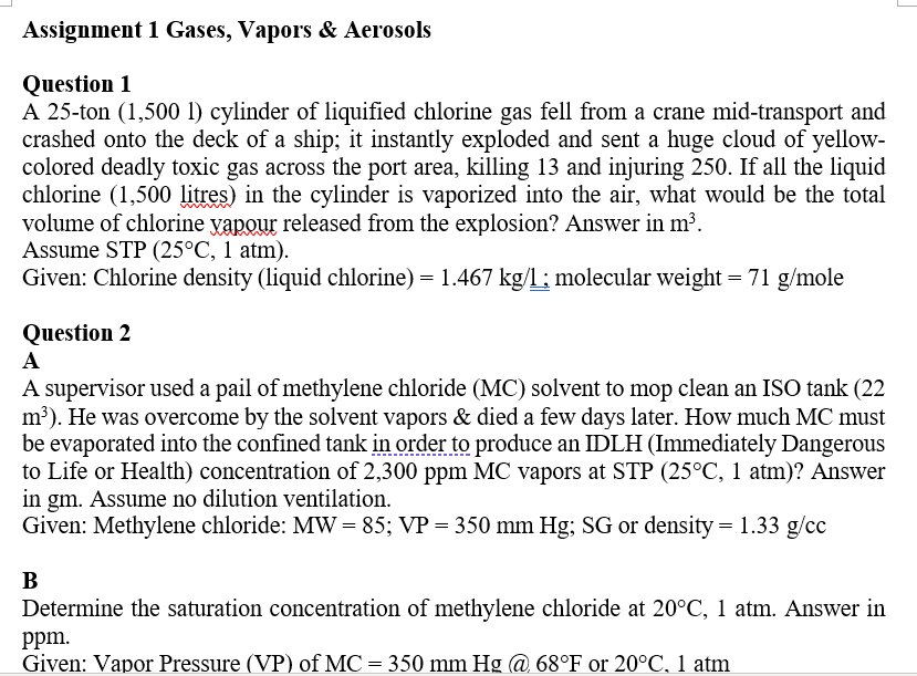 Solved Assignment 1 Gases, Vapors \& Aerosols Question 1 A | Chegg.com