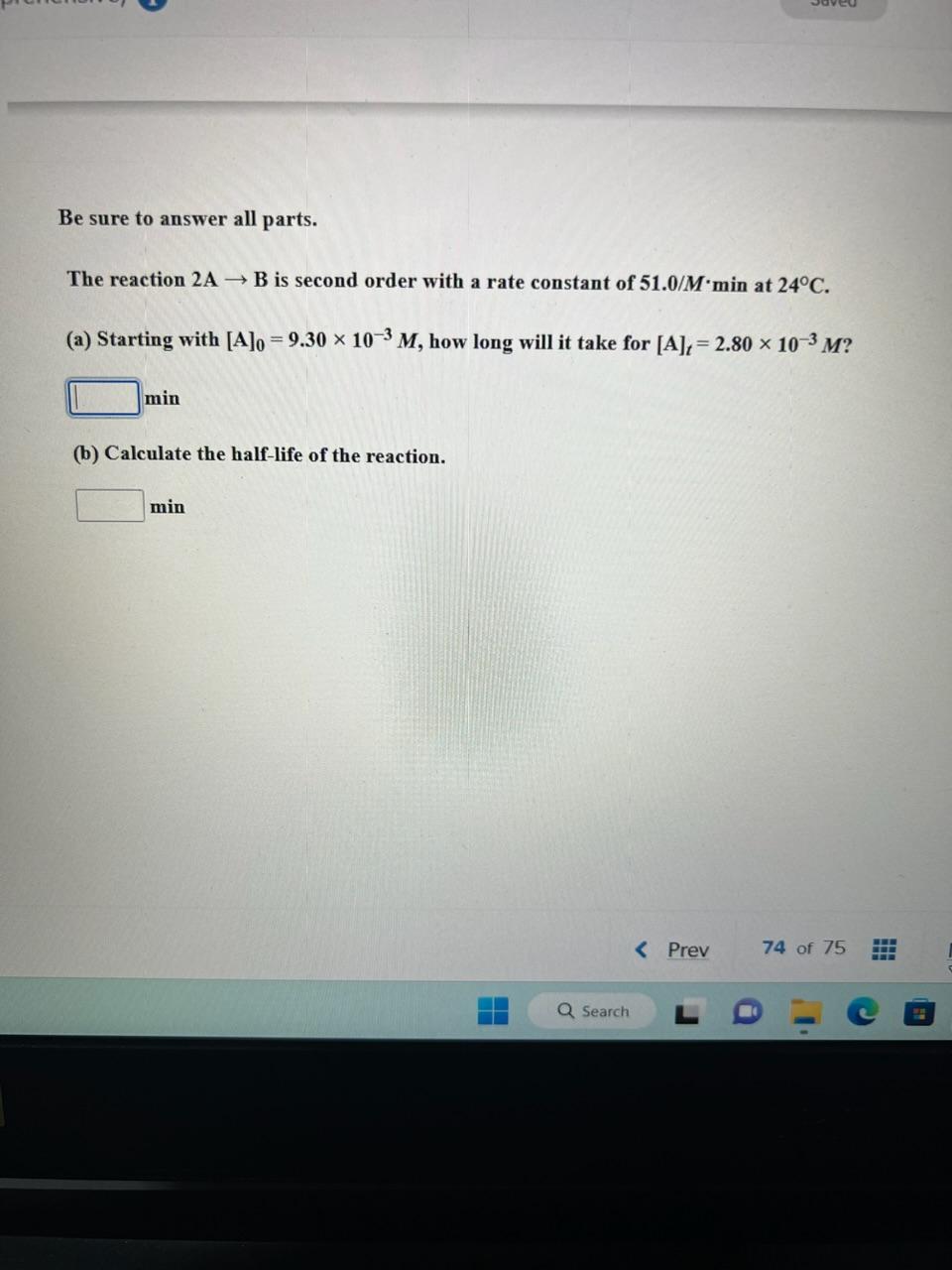 Solved Be sure to answer all parts. The reaction 2 A→B is | Chegg.com