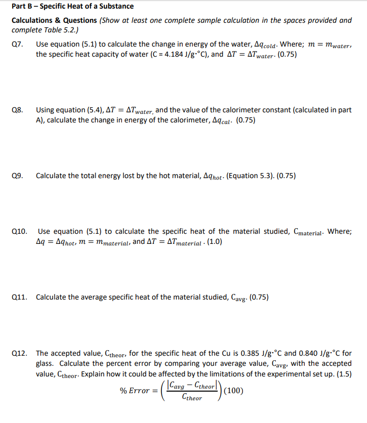 EXPERIMENT 5 Thermochemistry – The Specific Heat of a | Chegg.com