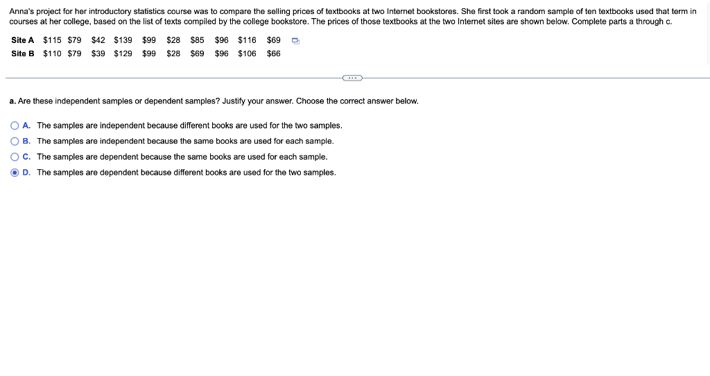 Solved a. Are these independent samples or dependent | Chegg.com