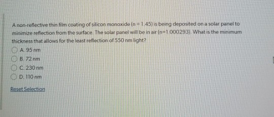 Solved A non-reflective thin film coating of silicon | Chegg.com