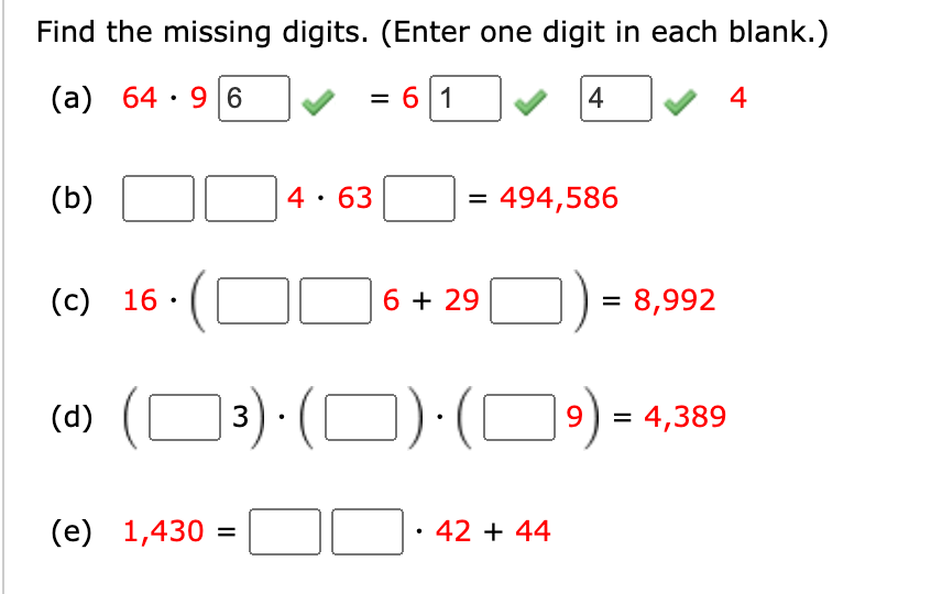 Solved Find the missing digits. (Enter one digit in each | Chegg.com