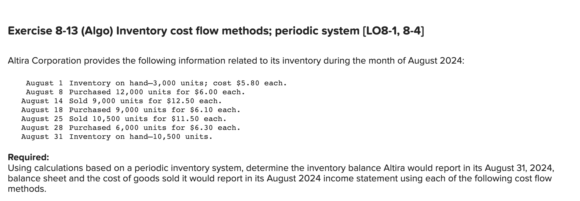 Solved Exercise 8-13 (Algo) Inventory cost flow methods; | Chegg.com