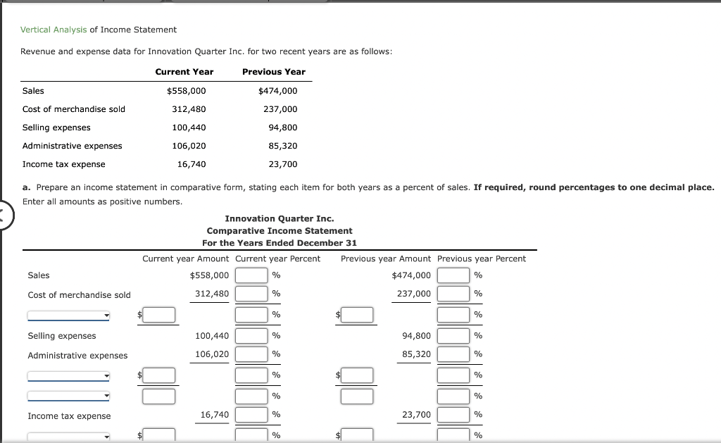 Solved Vertical Analysis of Income Statement Revenue and | Chegg.com