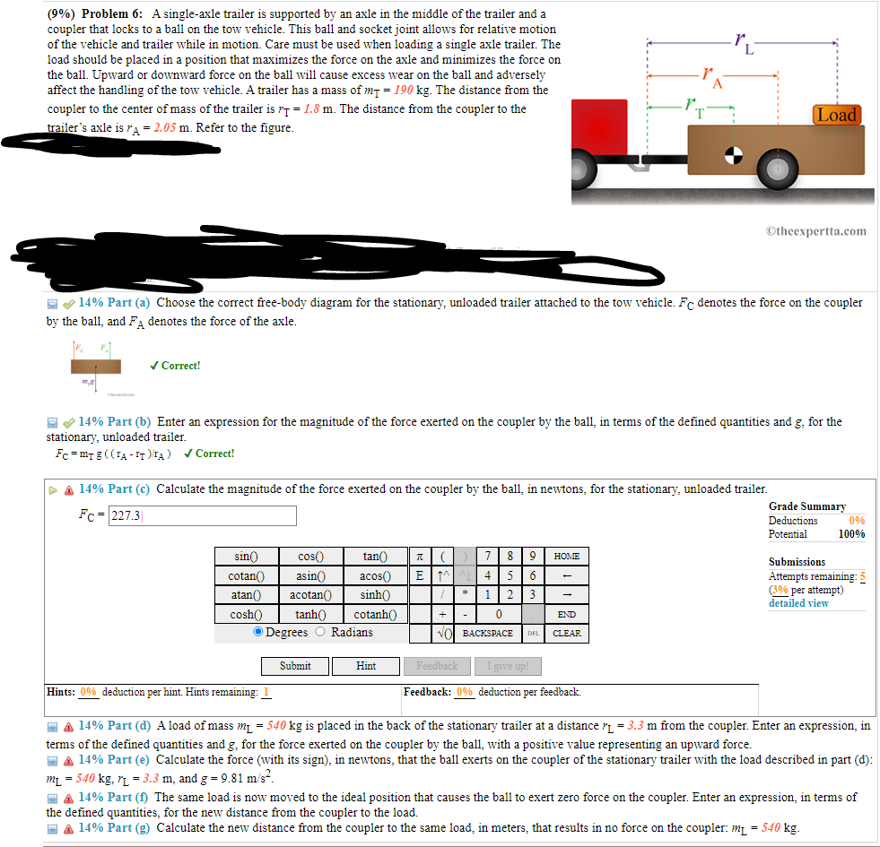 (9\%) Problem 6: A single-axle trailer is supported | Chegg.com
