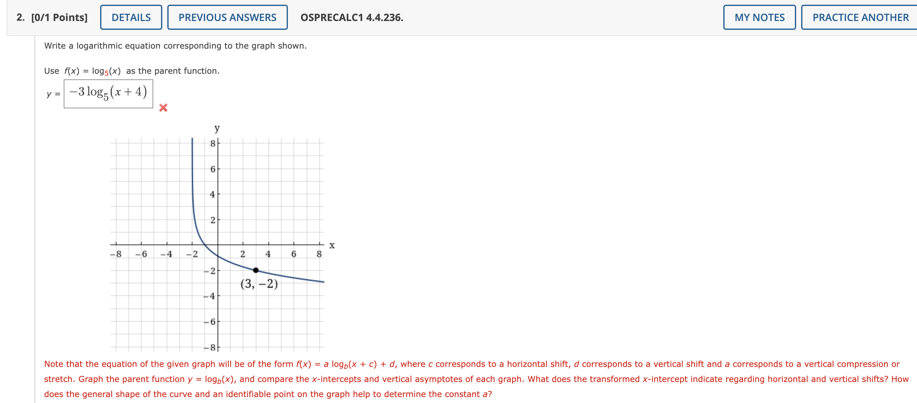 Solved [0/1 ﻿Points]OSPRECALC1 4.4.236.Write a logarithmic | Chegg.com