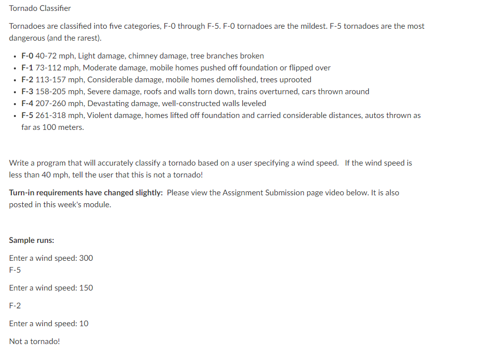 Solved Tornado Classifier Tornadoes are classified into five | Chegg.com