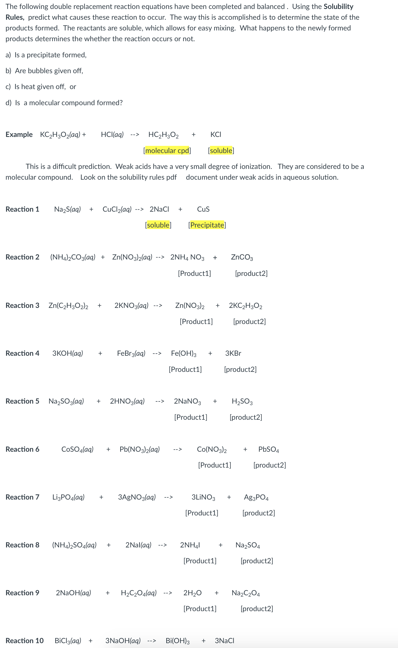 Solved The following double replacement reaction equations | Chegg.com