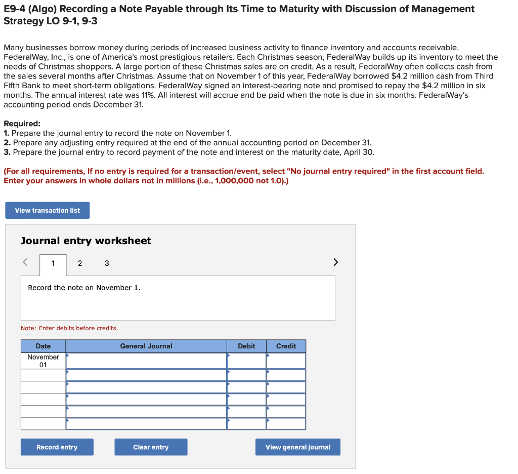 Solved E9-4 (Algo) Recording a Note Payable through Its Time | Chegg.com
