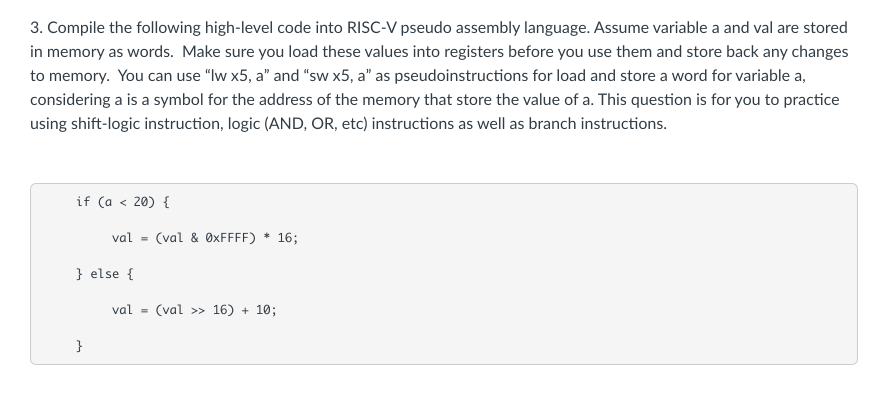 3. Compile the following high-level code into RISC-V | Chegg.com