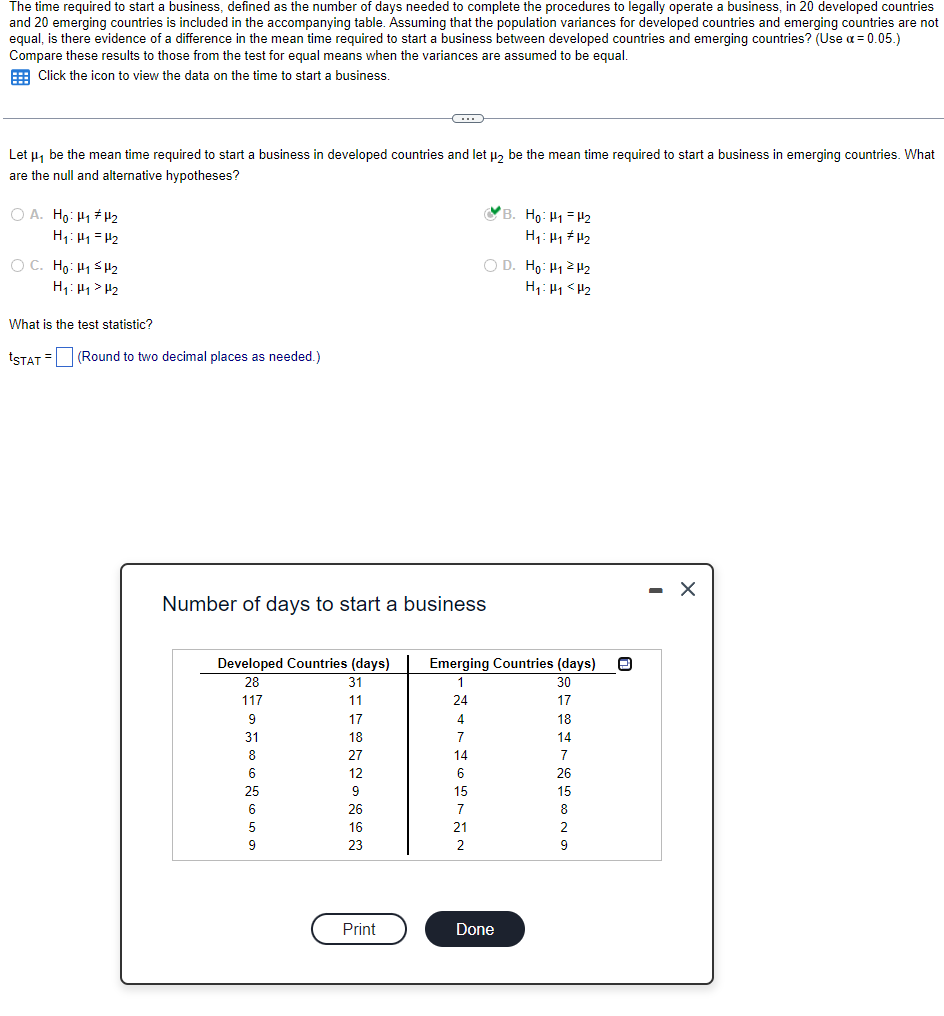 Solved The time required to start a business, defined as the | Chegg.com