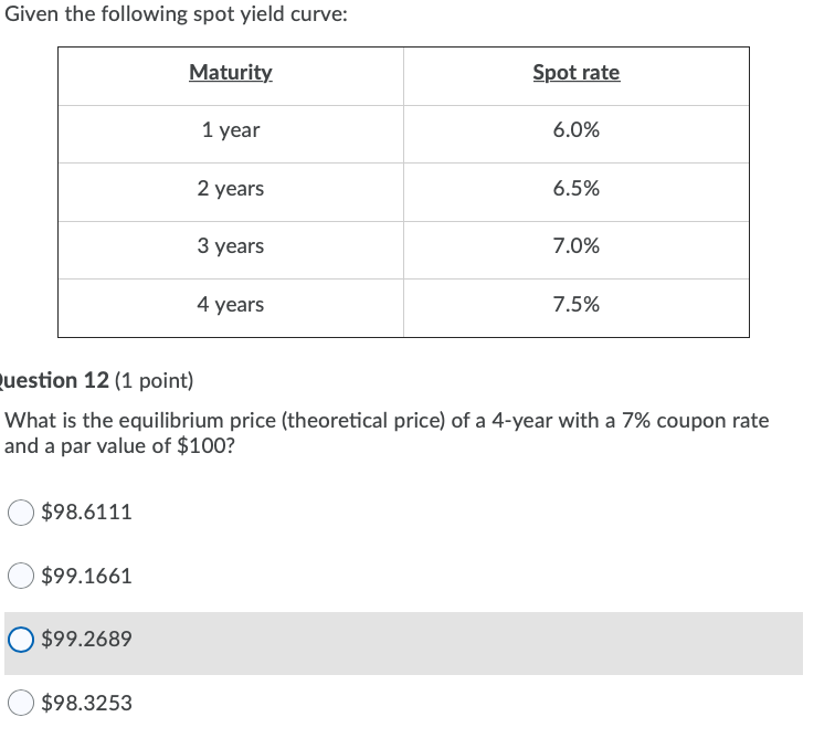 Solved Given The Following Spot Yield Curve Maturity Spot