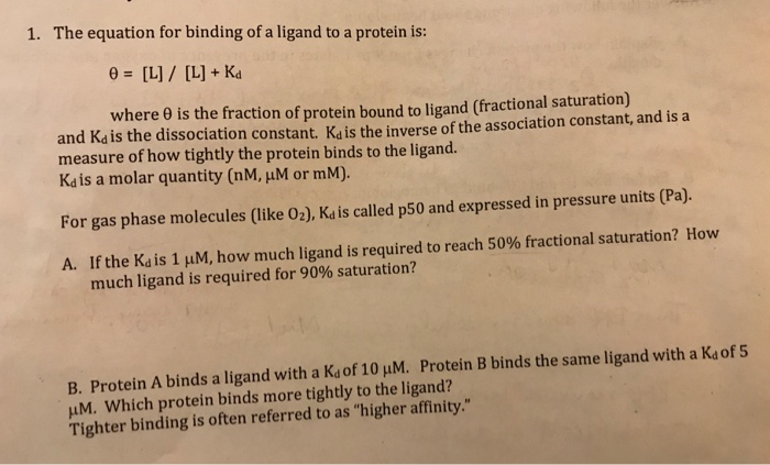 Solved The equation for binding of a ligand to a protein is: | Chegg.com