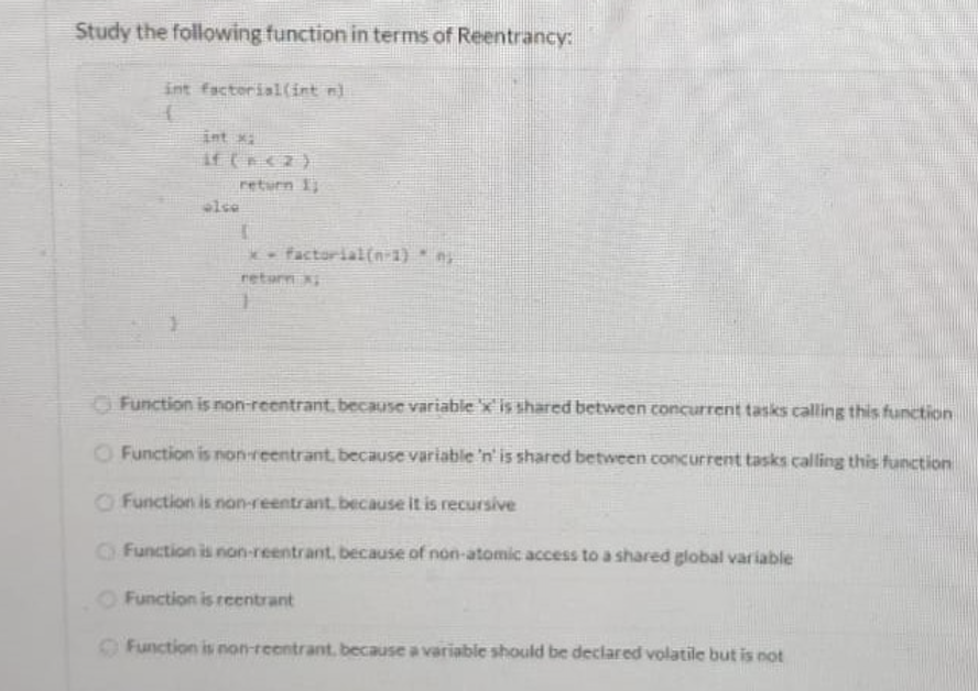 Solved Study the following function in terms of Reentrancy: | Chegg.com