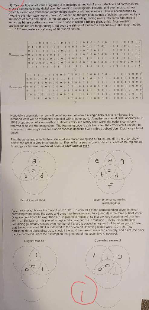 Solved (1) One application of Venn Diagrams is to describe a | Chegg.com