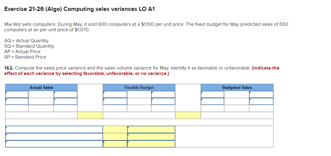 Solved Exercise 21-26 (Algo) Computing sales variances LO A1 | Chegg.com Solved Exercise 21-26 (Algo) Computing sales variances LO A1 | Chegg.com