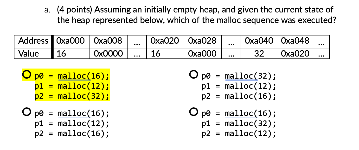 Solved 8. (12 points) Consider an allocator implementation | Chegg.com