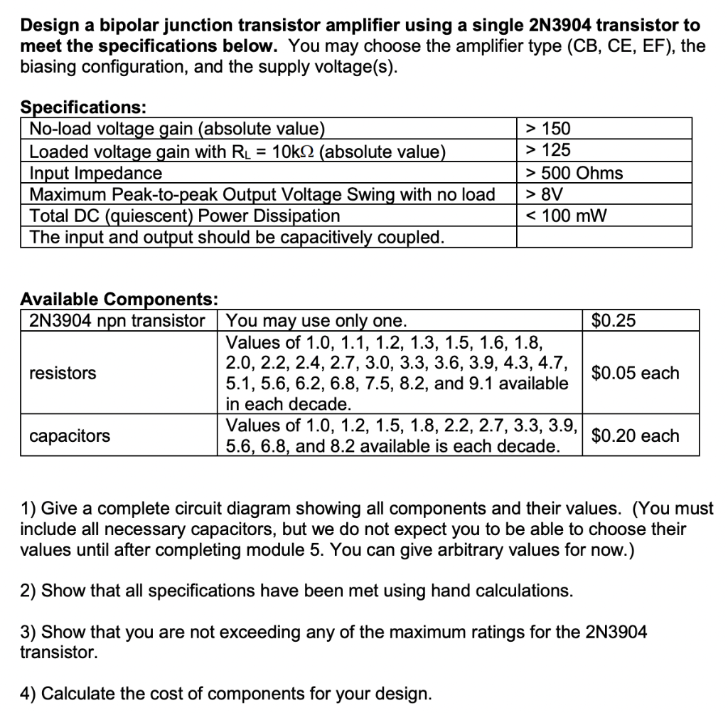 Design a bipolar junction transistor amplifier using | Chegg.com