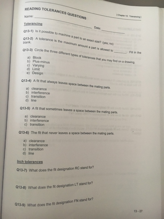 Solved ING TOLERANCES QUESTIONS 【Chapter 1ま Toleranong1 | Chegg.com