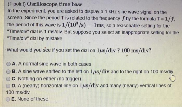 Solved (1 point) Oscilloscope time base In the experiment, | Chegg.com
