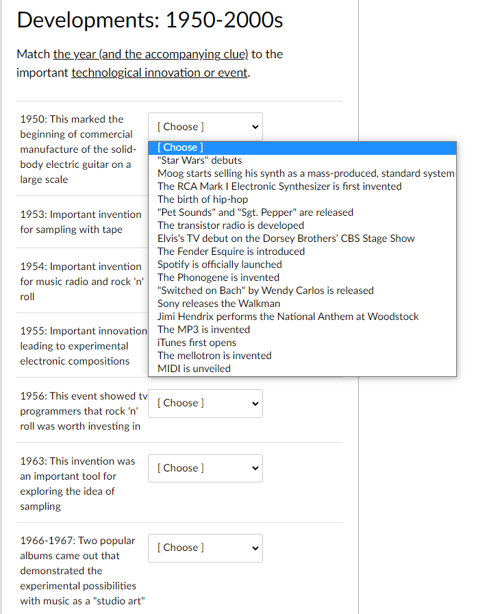 Developments: 1950-2000s Match the year (and the | Chegg.com