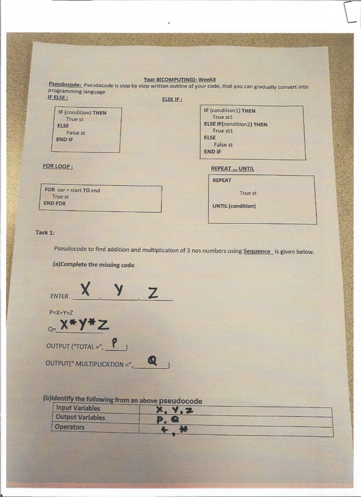 Solved IF ELSE: Year 8(COMPUTING)-Week3 Pseudocode: | Chegg.com