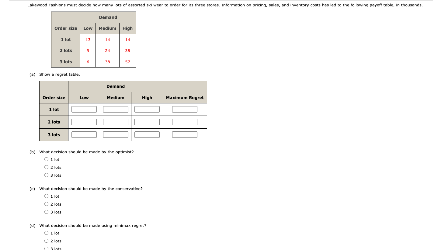 Solved (a) Show a regret table. (b) What decision should be | Chegg.com