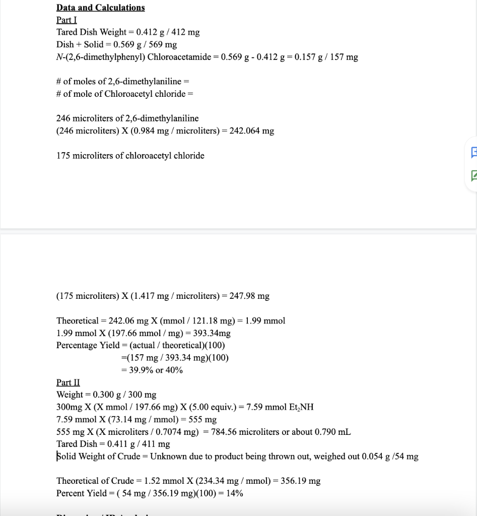 Solved Data and Calculations Part I Tared Dish Weight = | Chegg.com