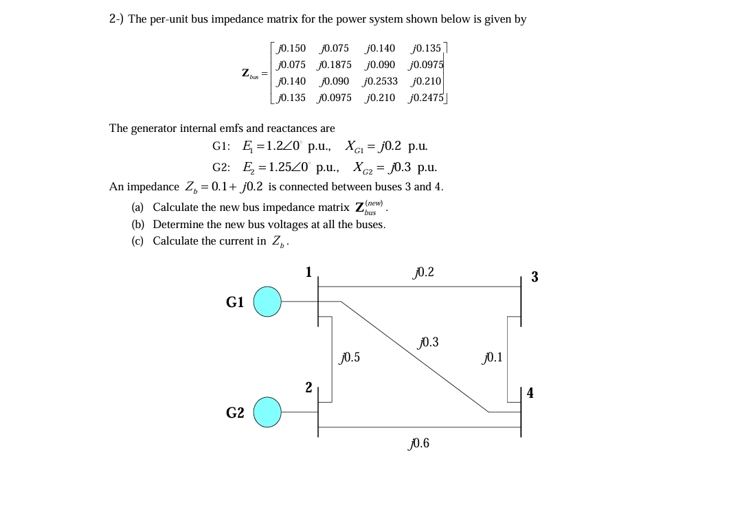 Solved 2-) The per-unit bus impedance matrix for the power | Chegg.com