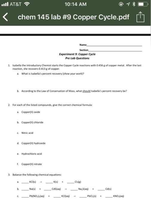 Solved .ill AT&T 10:14 AM chem 145 lab #9 Copper Cycle.pdf | Chegg.com