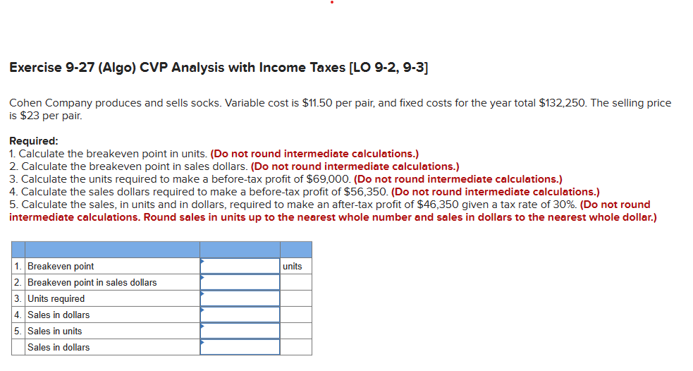Solved Exercise 9-27 (Algo) CVP Analysis with Income Taxes | Chegg.com