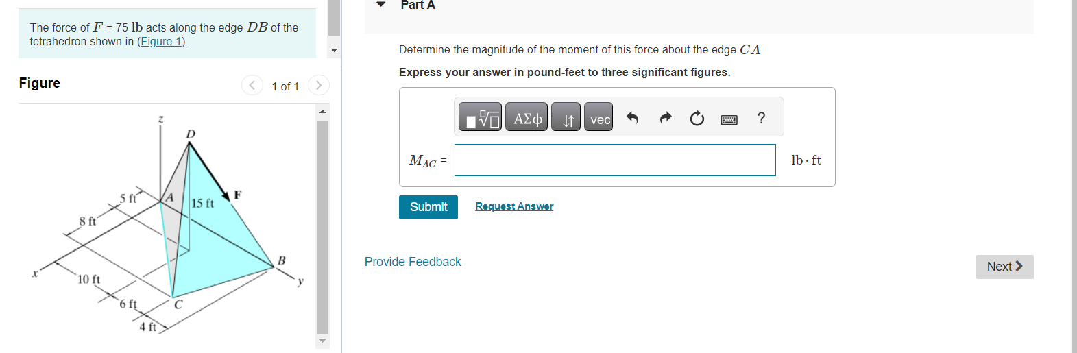 Solved The force of F=75lb acts along the edge DB of the | Chegg.com