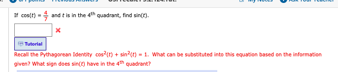 Solved pomt me AISHD If cos(t) and t is in the 4th quadrant, | Chegg.com