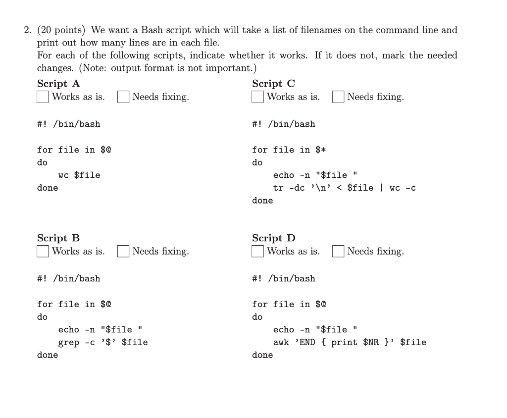 Solved 2. (20 points) We want a Bash script which will take | Chegg.com