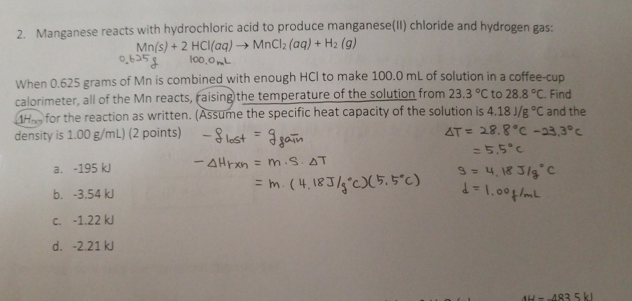 Solved 2. Manganese reacts with hydrochloric acid to produce | Chegg.com