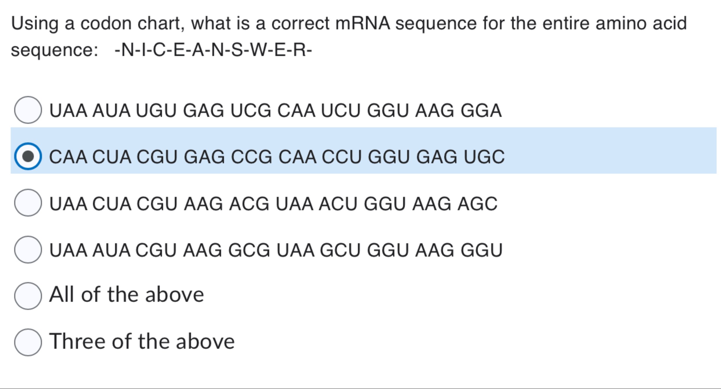 Solved Using a codon chart, what is a correct mRNA sequence | Chegg.com