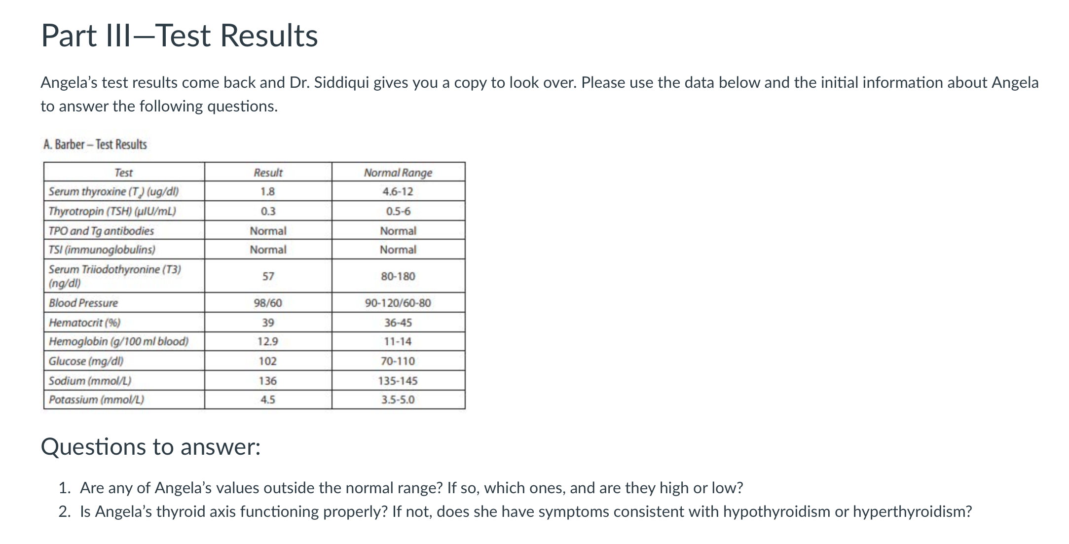 Solved Part III—Test ResultsAngela’s test results come back | Chegg.com