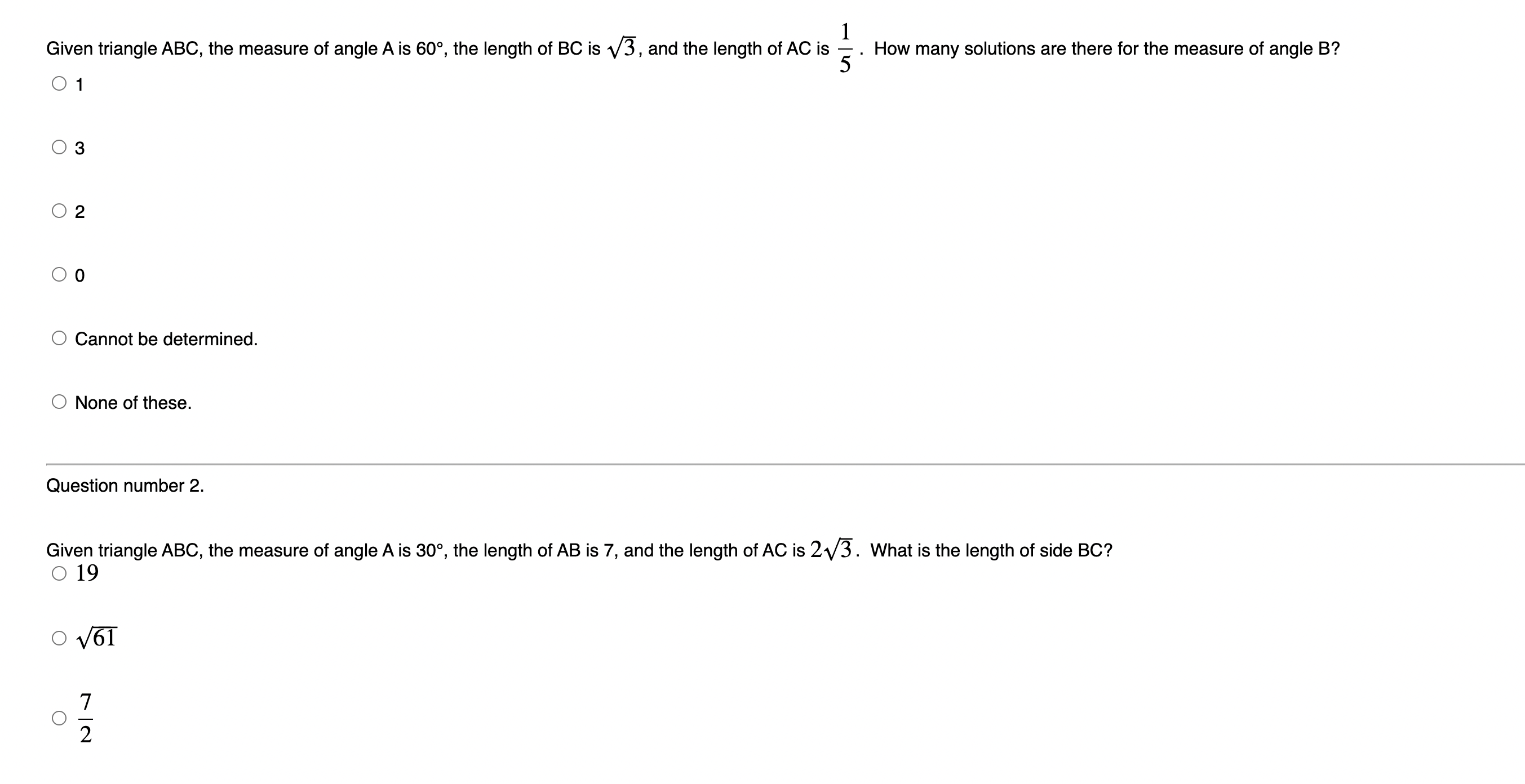 Solved Given triangle ABC, the measure of angle A is 60∘, | Chegg.com