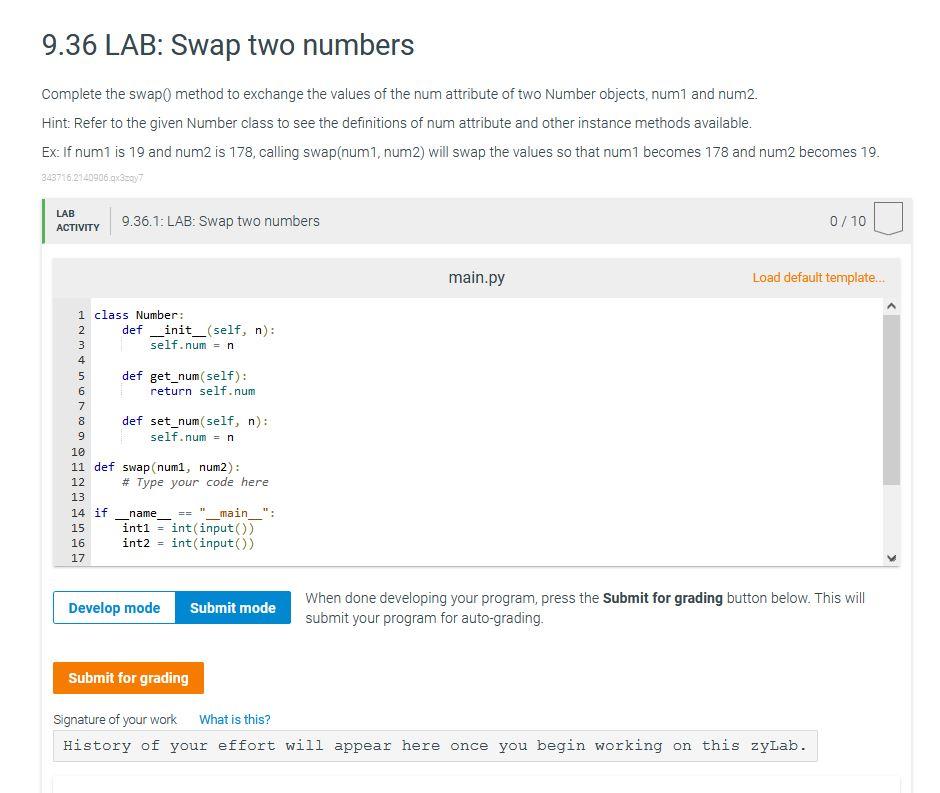 Solved 9.36 LAB: Swap two numbers Complete the swap0 method | Chegg.com