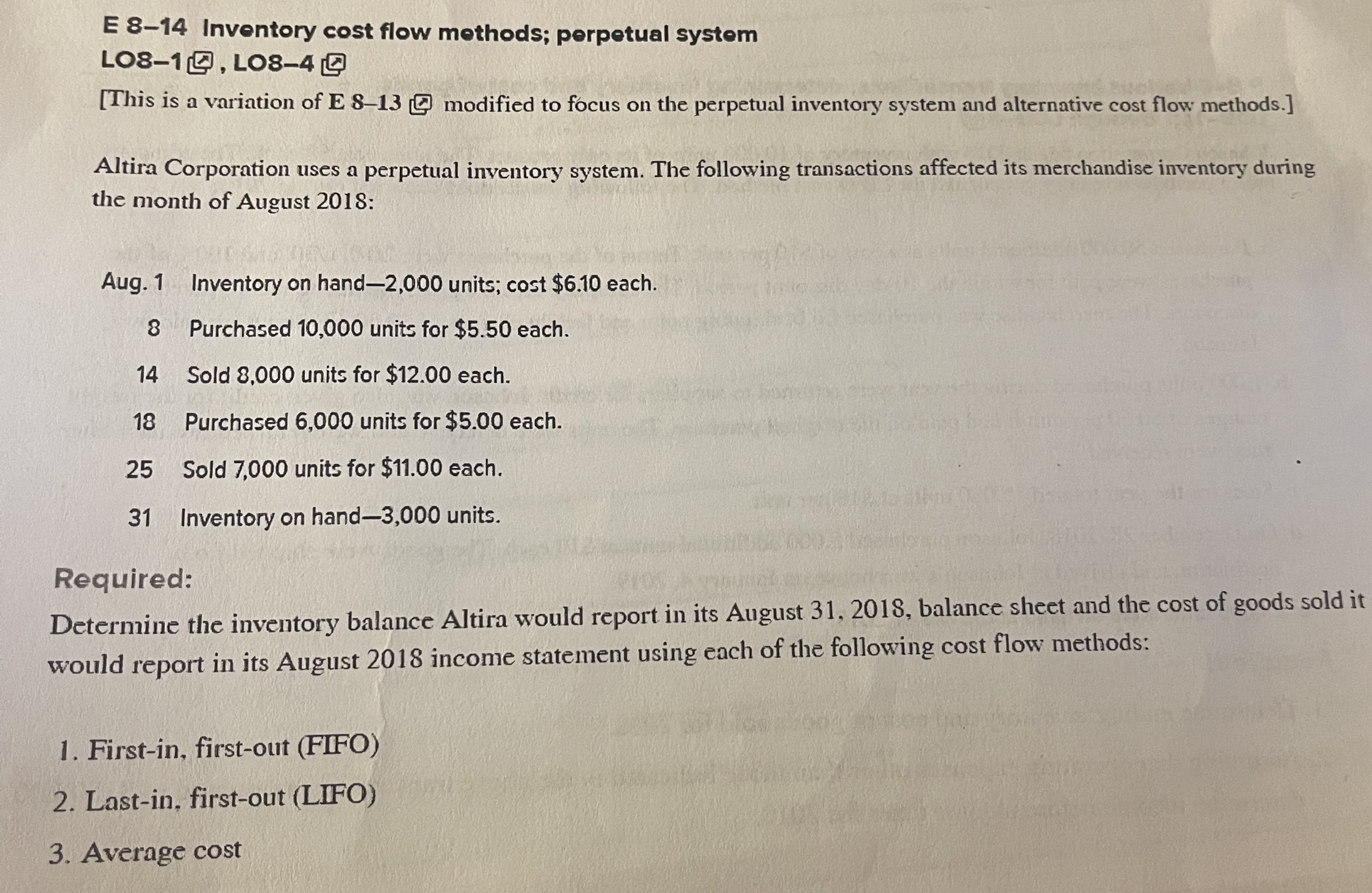 Solved E 8-14 Inventory cost flow mothods; perpetual system | Chegg.com