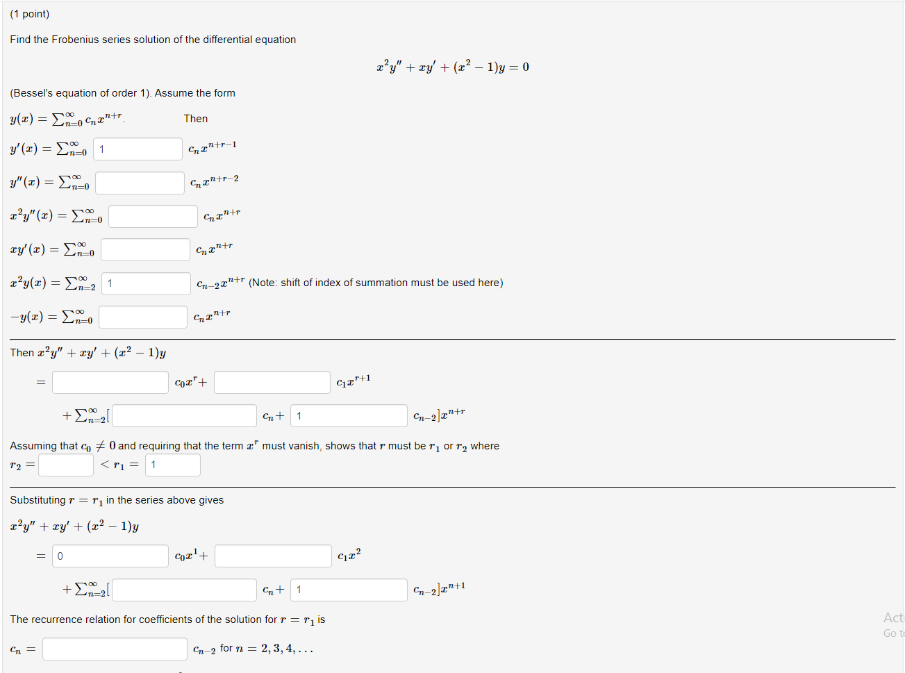 Solved (1 point) Find the Frobenius series solution of the | Chegg.com