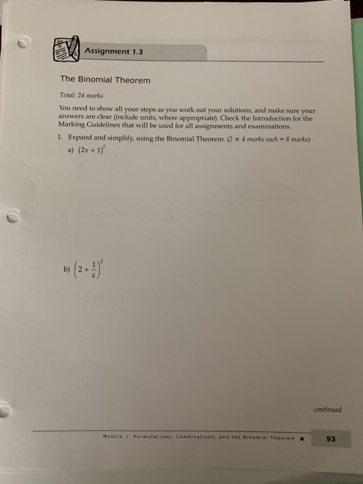 Solved Assignment 1.3 The Binomial Theorem Total: 24 marks | Chegg.com