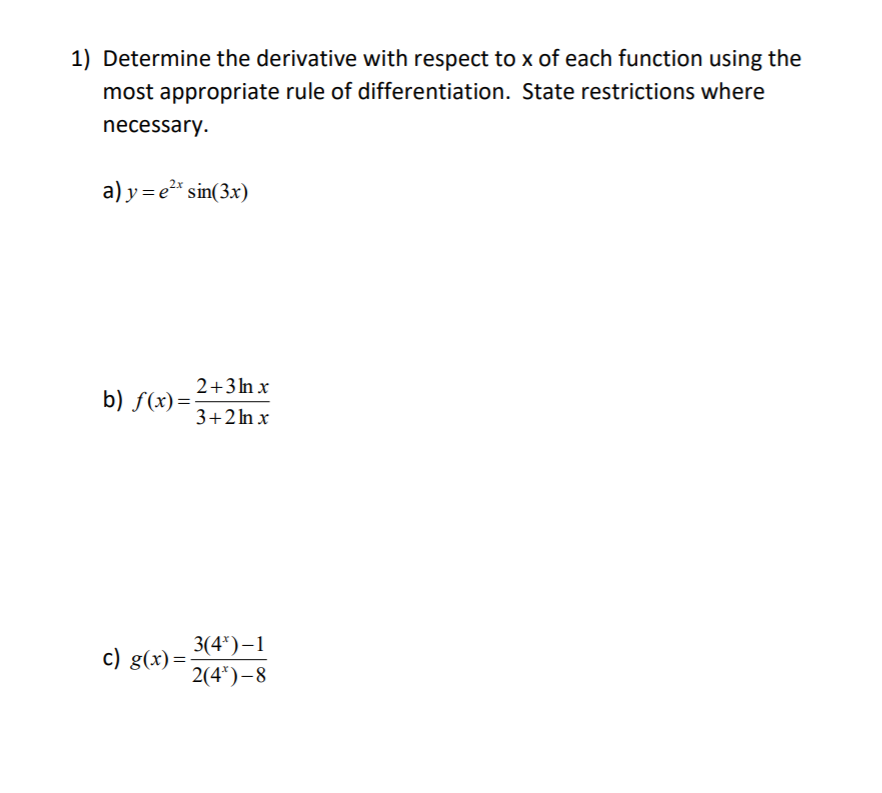 Solved 1) Determine the derivative with respect to x of each | Chegg.com