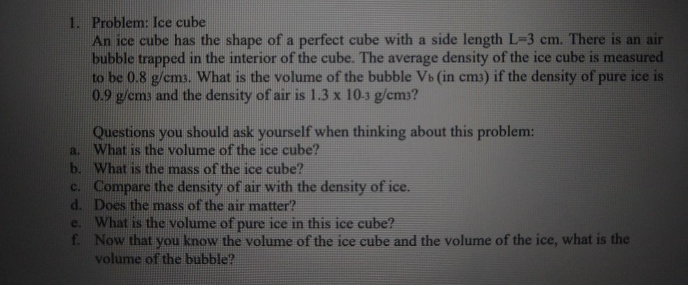 Solved 1. Problem: Ice cube An ice cube has the shape of a | Chegg.com
