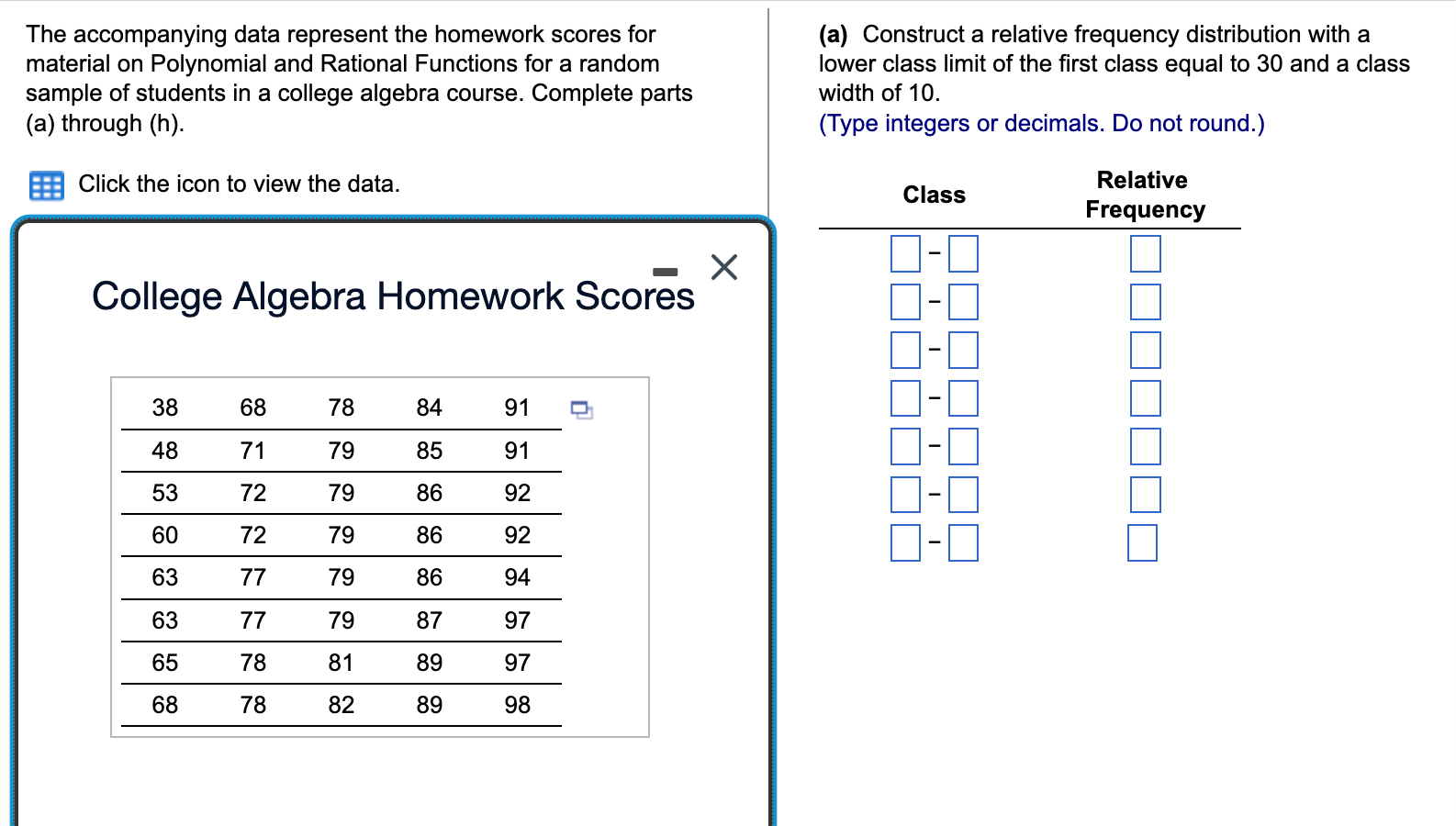 Solved The accompanying data represent the homework scores | Chegg.com